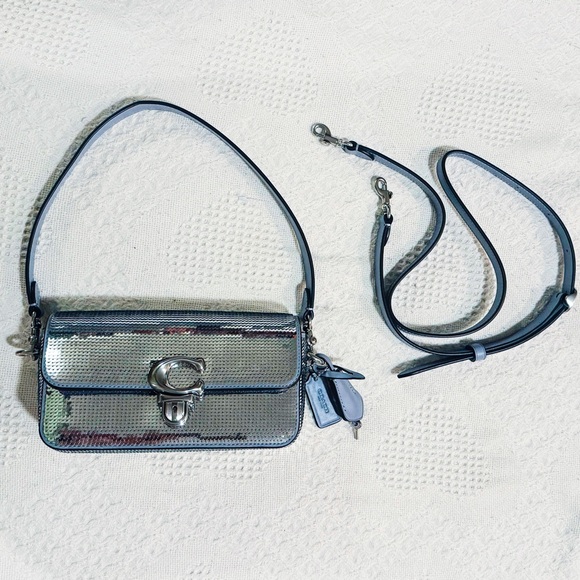 Coach | Bags | Coach Studio Silver Sequin Baguette Tabby Leather ...